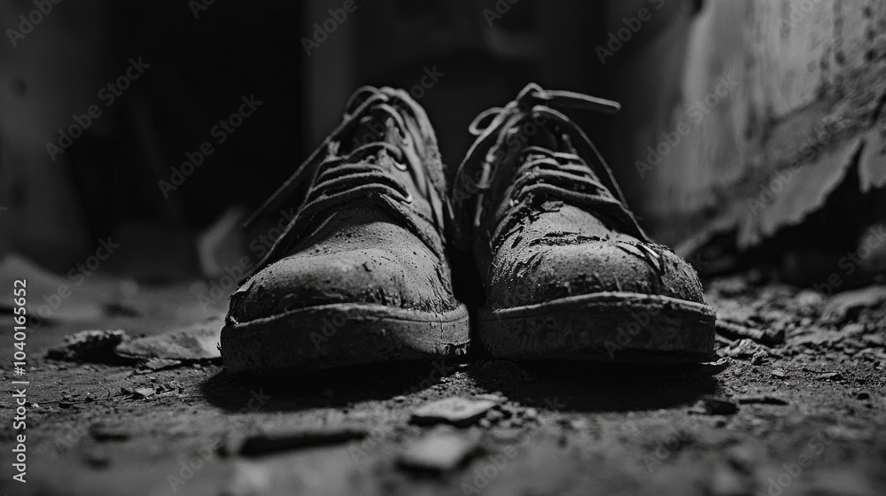 Ground-Level Shot of Worn-Out Shoes on Dirt Floor in a Desolate Barrack ...