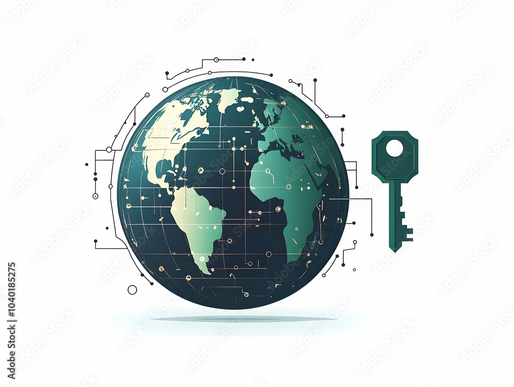 Flat Globe with Key Floating Above White Background - Global Leadership ...