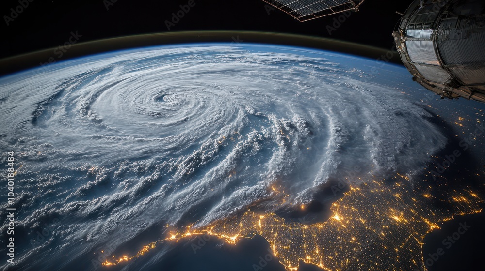 Satellite view of a hurricane over the eastern U.S. coast, showing city ...