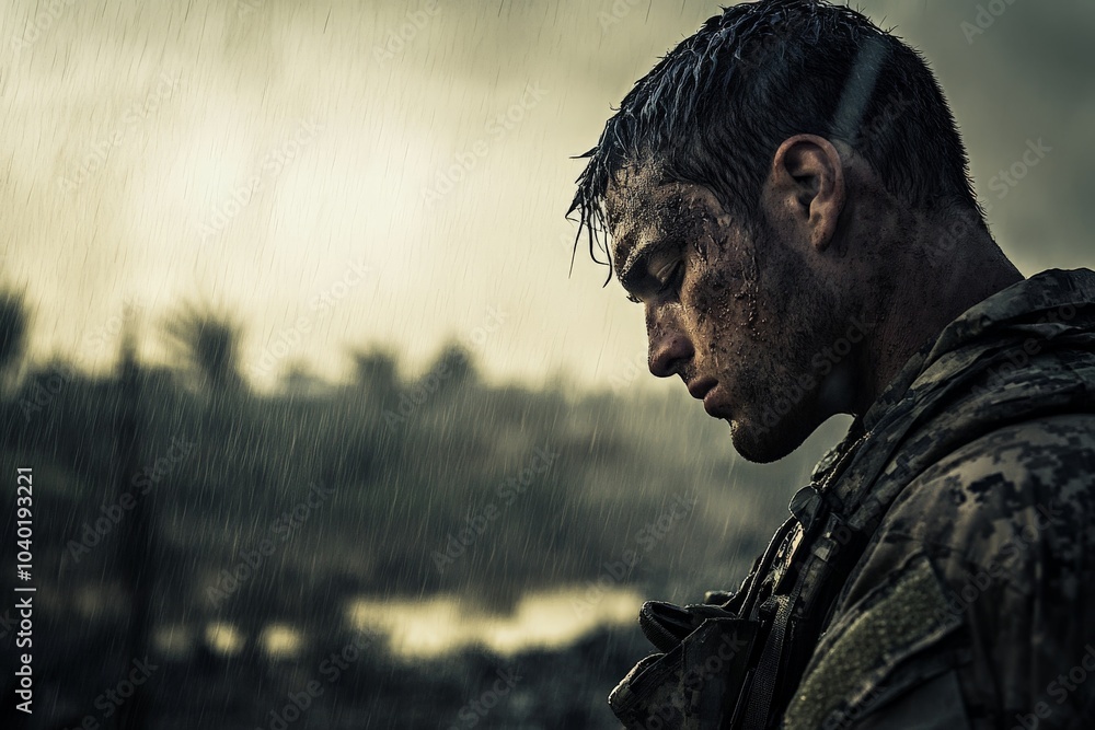 A resolute soldier looks downward, soaked by rain, as mud splatters his ...