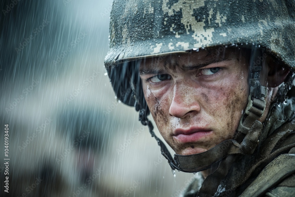 A soldier, wearing rain-soaked military gear, exudes a grim resolve and ...