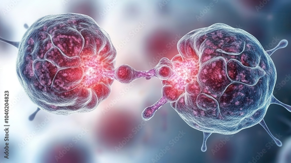 Cell division close-up, two cells splitting, vibrant colors, clear ...