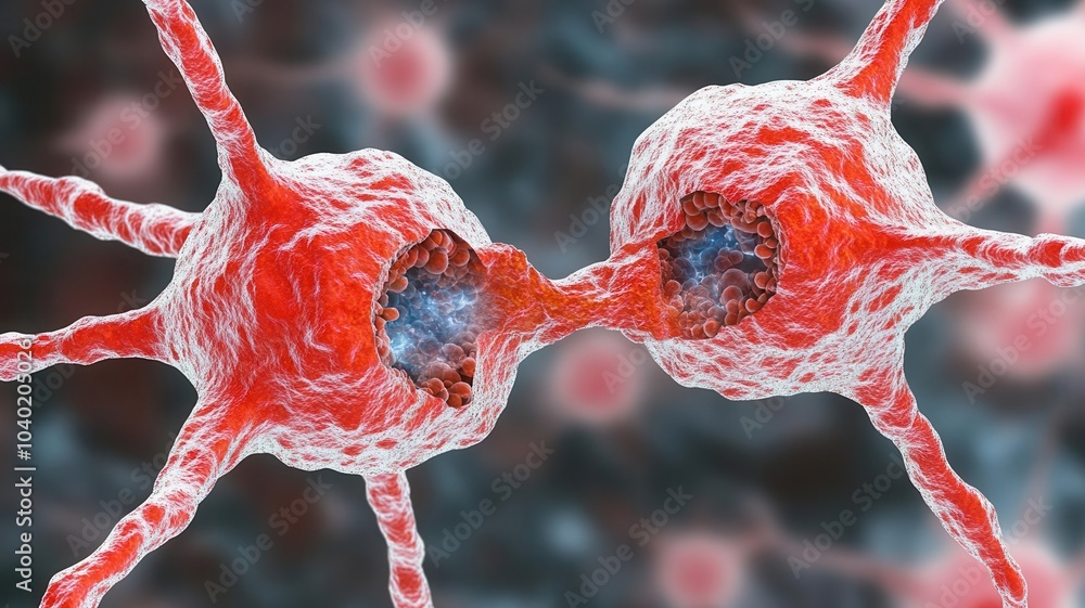 Cell division close-up, two cells splitting, vibrant colors, clear ...