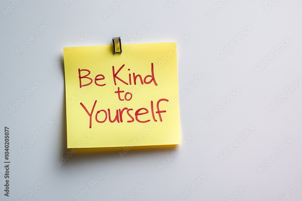 A vibrant yellow sticky note with 'Be Kind to Yourself' written in a ...