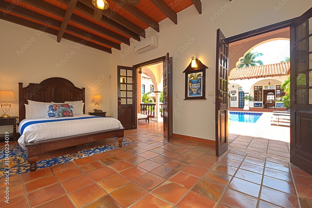 A beautifully designed villa interior featuring traditional terracotta ...