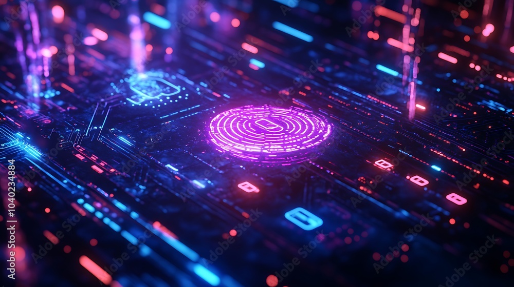 A fingerprint unlocking a digital security interface, holographic vault ...