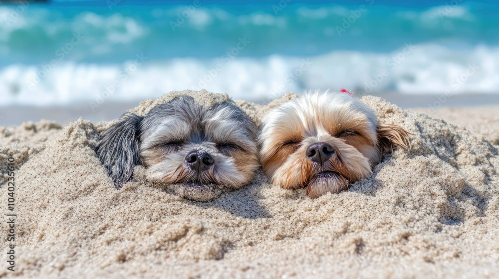 Two small dogs buried side by side in the sand, with their heads ...