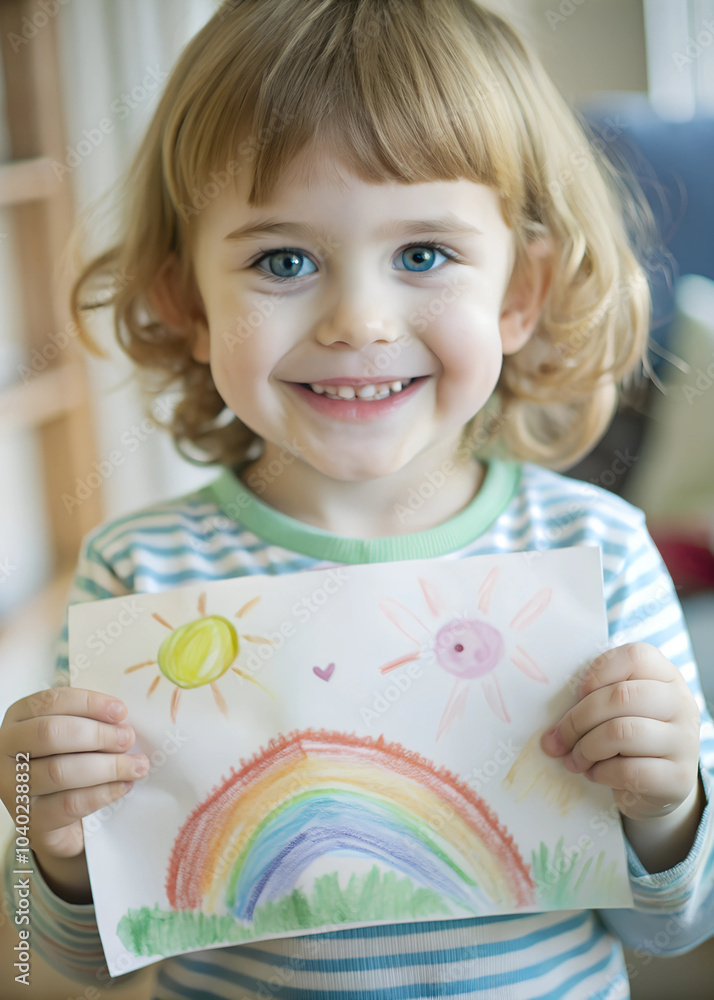 Pride in Accomplishment A child proudly holding up a drawing they just ...