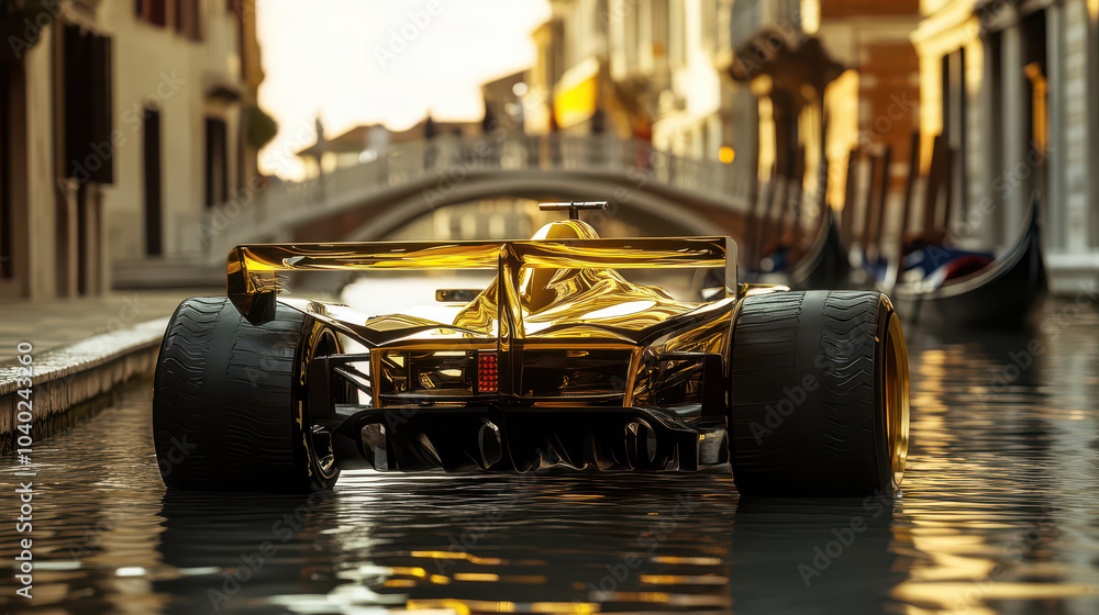 Gold F1 Car Against Venice Canals at Sunset: Low-Angle Back View ...