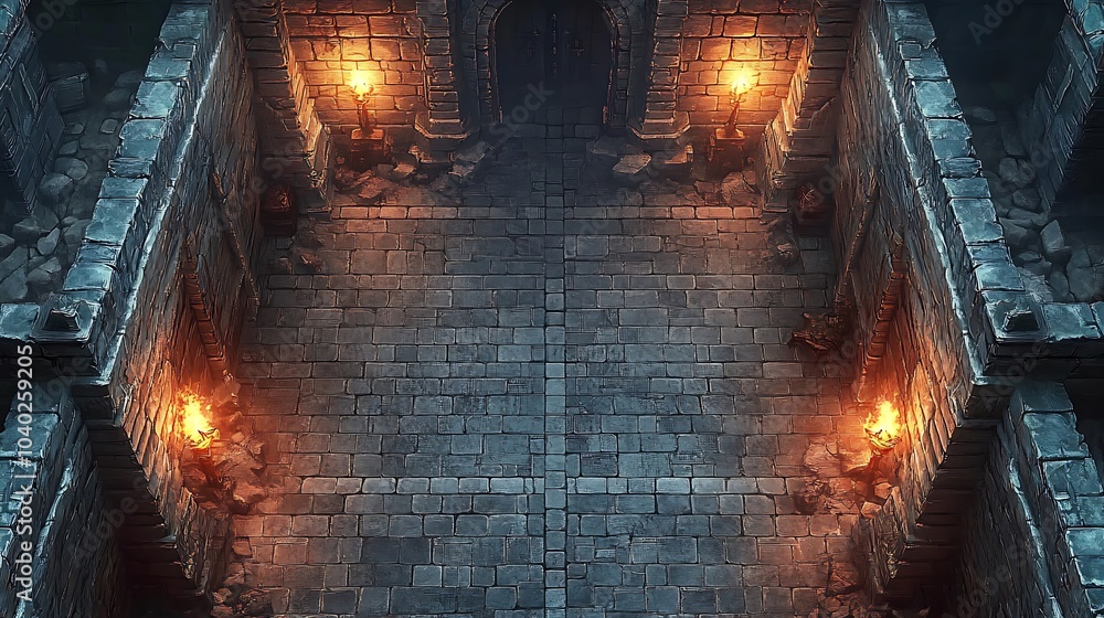 Pixel art battlemap depicting a dungeon corridor with stone walls and ...