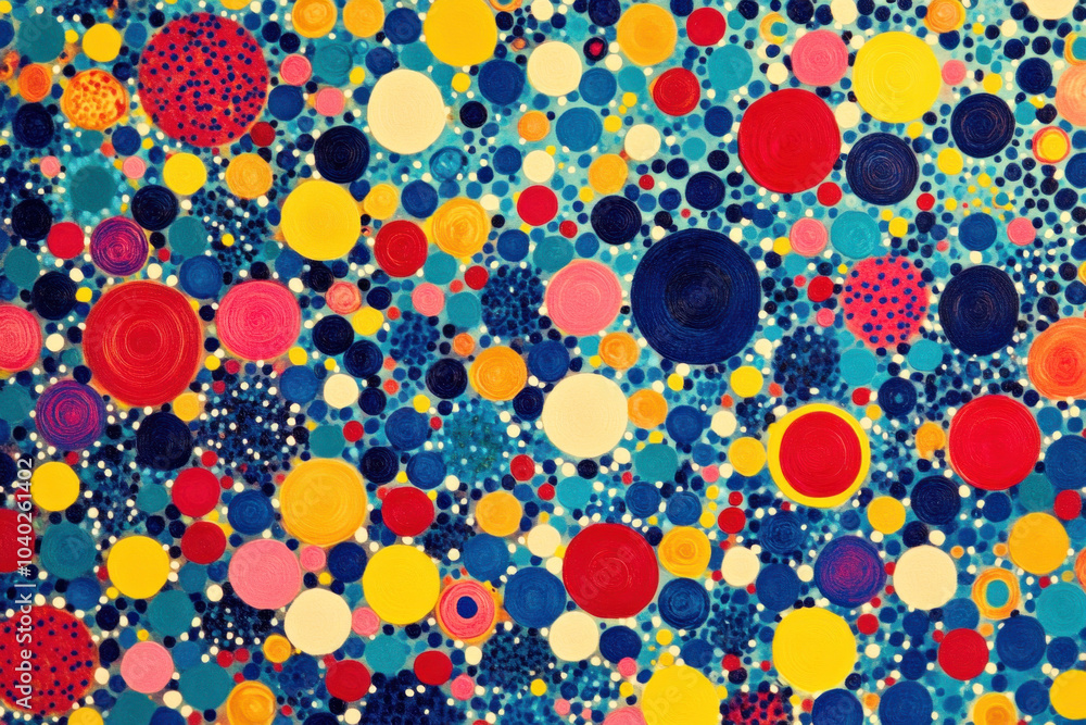 Colorful painting with circles and dots, vibrant colors blend together ...