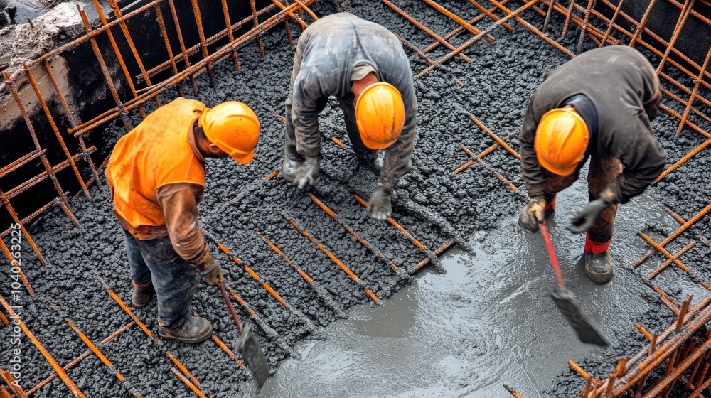 Site workers handling concrete pouring into structural beam formwork ...