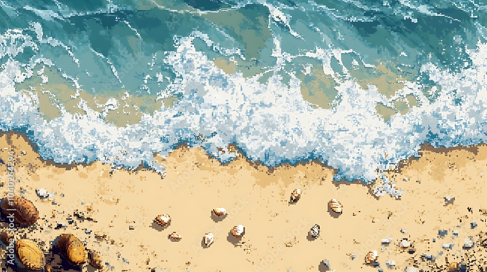 Pixel art battlemap showing a coastal beach with waves and scattered ...