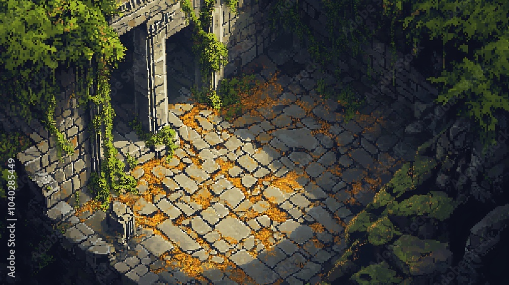 ภาพประกอบสต็อก Pixel art DnD map of an abandoned temple with cracked ...