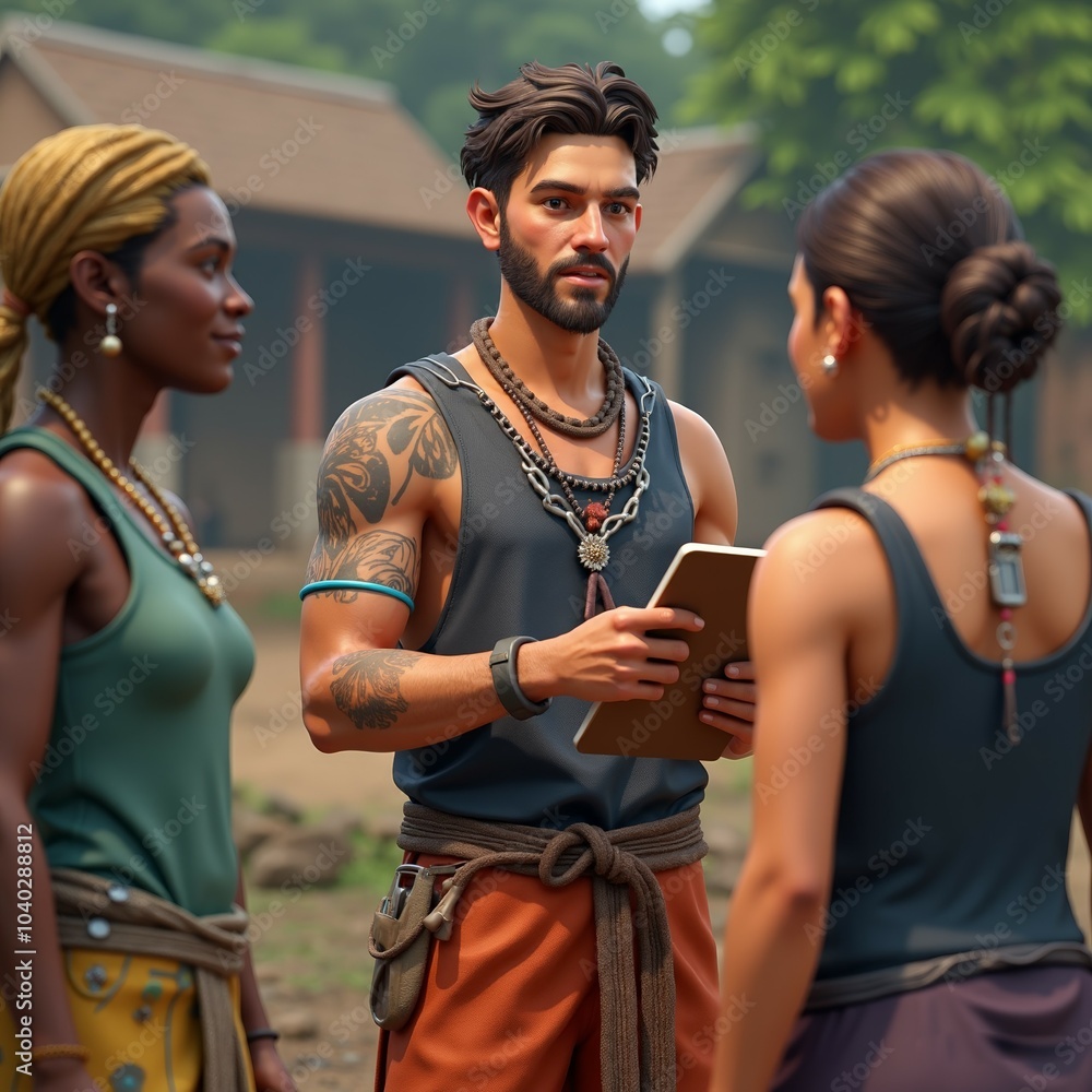 Tribal leader with traditional jewelry having a serious discussion in a ...