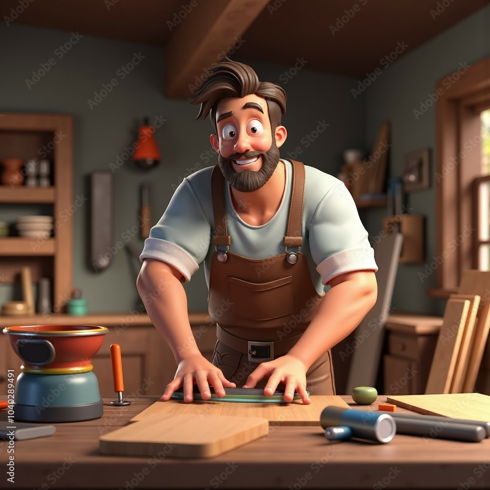 3D illustration of a happy woodworker in a workshop, smiling while ...