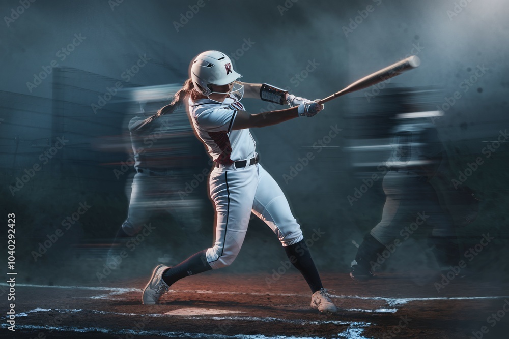 Baseball Swinging: A female baseball player swings her bat with power ...