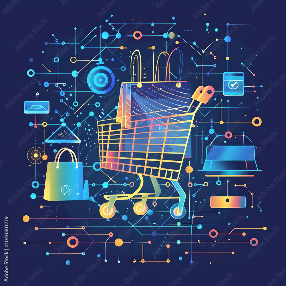 An illustration of a shopping cart surrounded by digital icons and ...