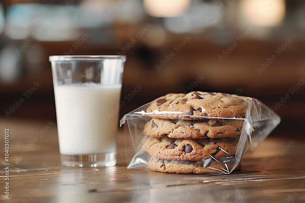 Chocolate chip cookies with their plastic wrapper up close along with a ...