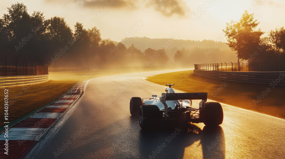 Dynamic Backshot of White F1 Car on Monza Banking: Italian Countryside ...