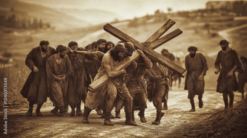 Christ bearing the cross on the path to Calvary, a poignant scene of ...