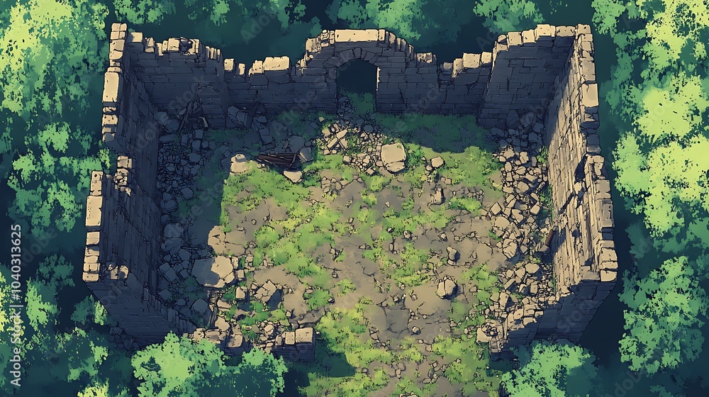 Pixel art DnD map showing a ruined fort with broken walls and debris on ...
