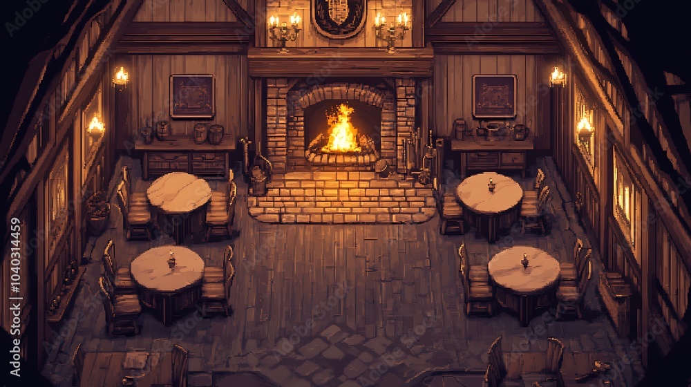 Pixel art battlemap of a medieval inn interior with tables chairs and a ...