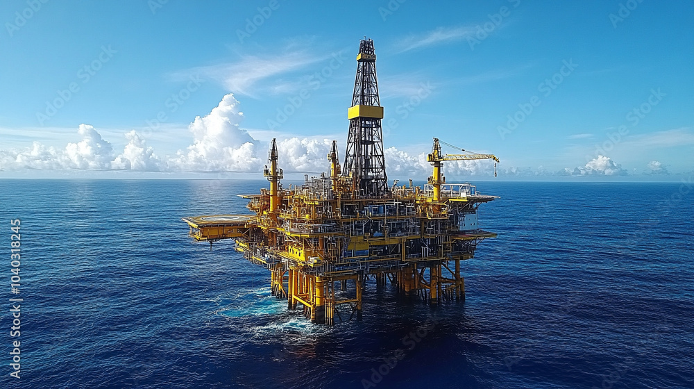 offshore oil rig stands tall in the middle of the ocean, framed by a ...