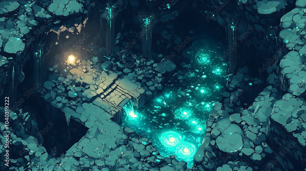 Pixel art battlemap of a cavern with underground rivers and glowing ...