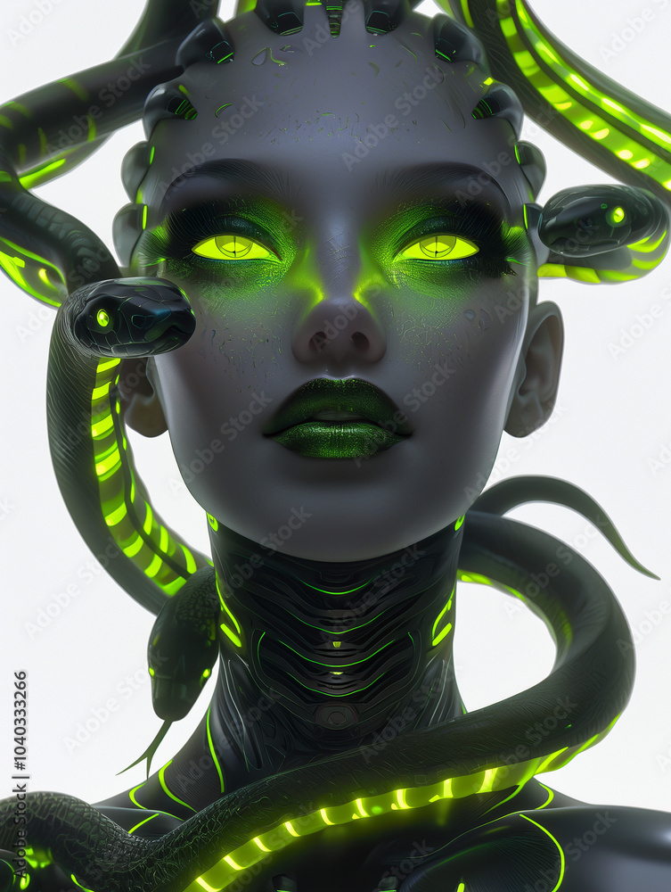 Futuristic Cyborg Medusa Women with Neon Glowing Eyes and High-Tech ...