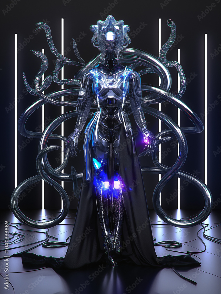Futuristic Cyborg Medusa Women with Neon Glowing Eyes and High-Tech ...
