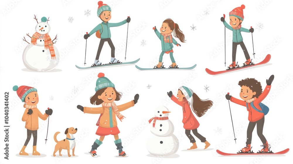 Cartoon characters engaging in various winter activities like skiing ...