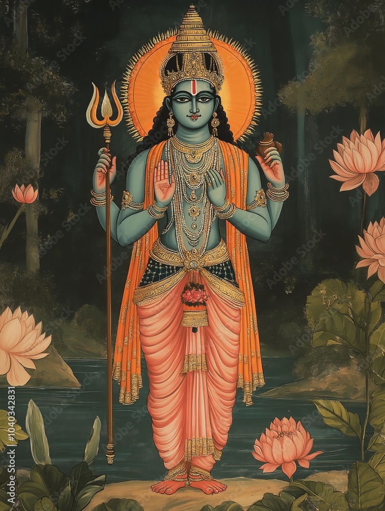 Indian deity vishnu standing and holding his symbols in a river ...