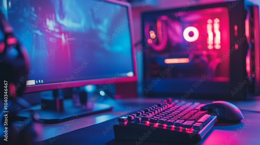 Strong PC gaming setup featuring a first-person shooter on screen. At ...