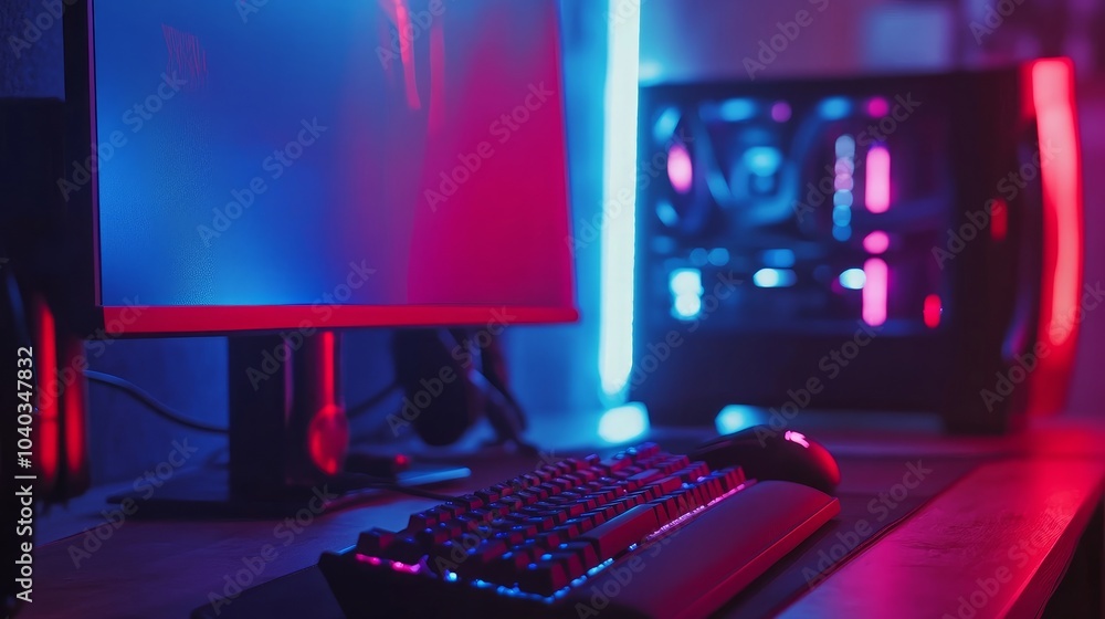 Strong PC gaming setup featuring a first-person shooter on screen. At ...