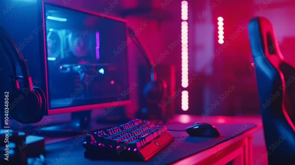 Strong PC gaming setup featuring a first-person shooter on screen. At ...