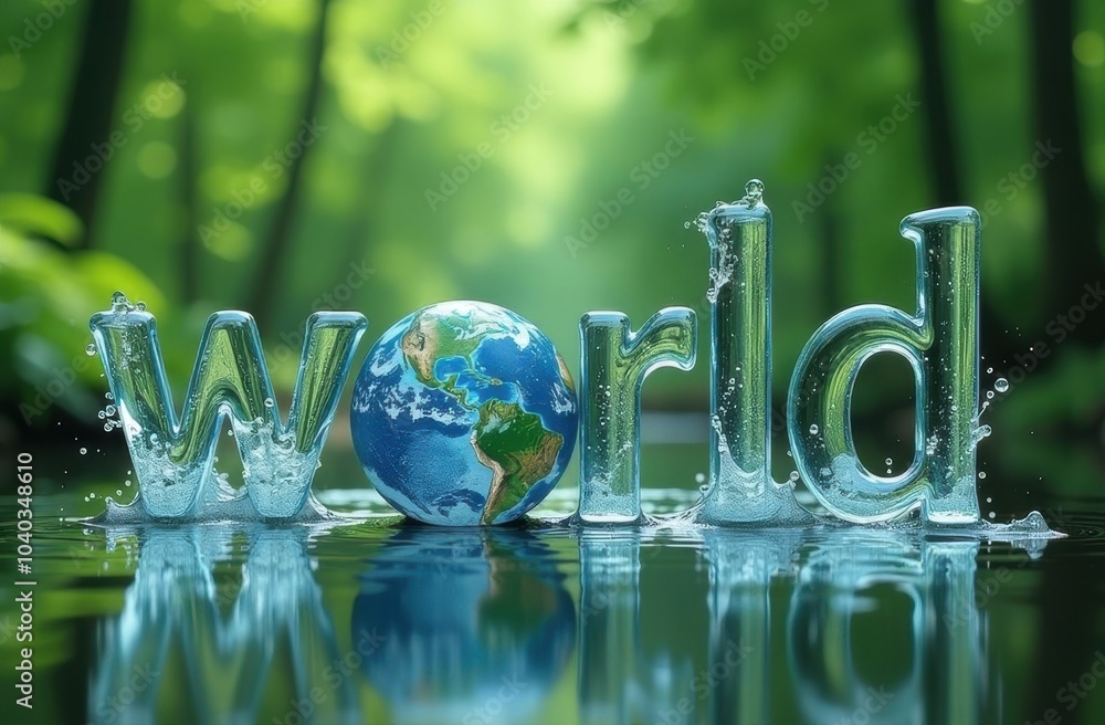 green planet with the word "world" written in glass letters and ...