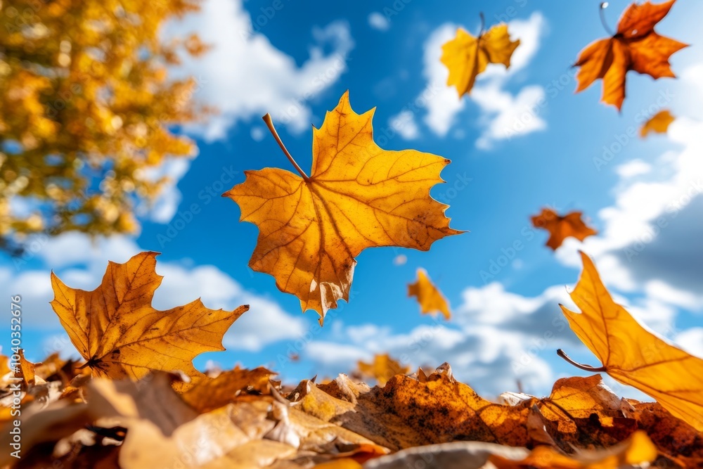 Golden autumn leaves falling from trees, with a crisp November sky and ...