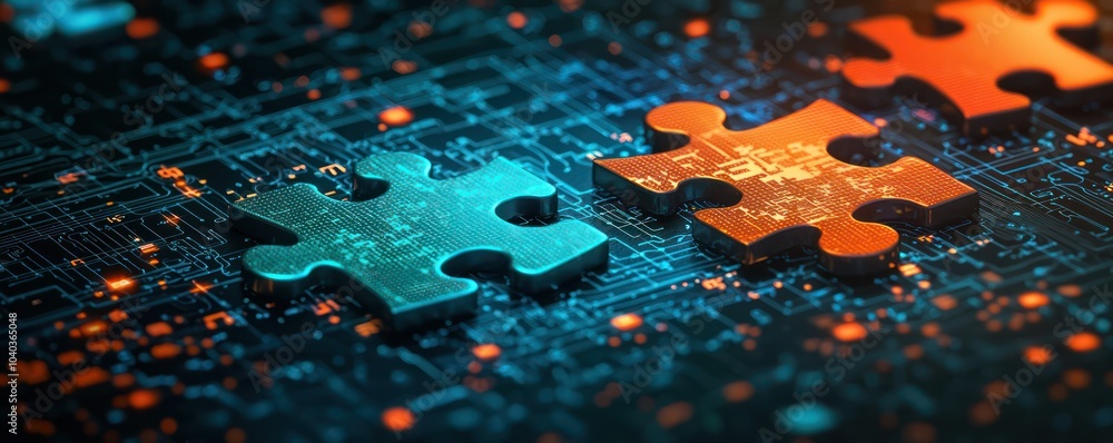 Digital puzzle pieces interlocking against a high-tech backdrop ...