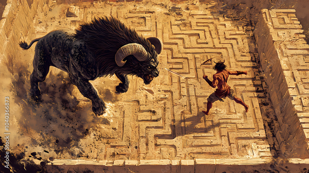 Above the labyrinth, theseus and the minotaur locked in battle, intricate maze visible , stable ...
