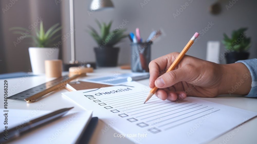 Person checking tasks on a checklist at a workspace with plants. Stock ...