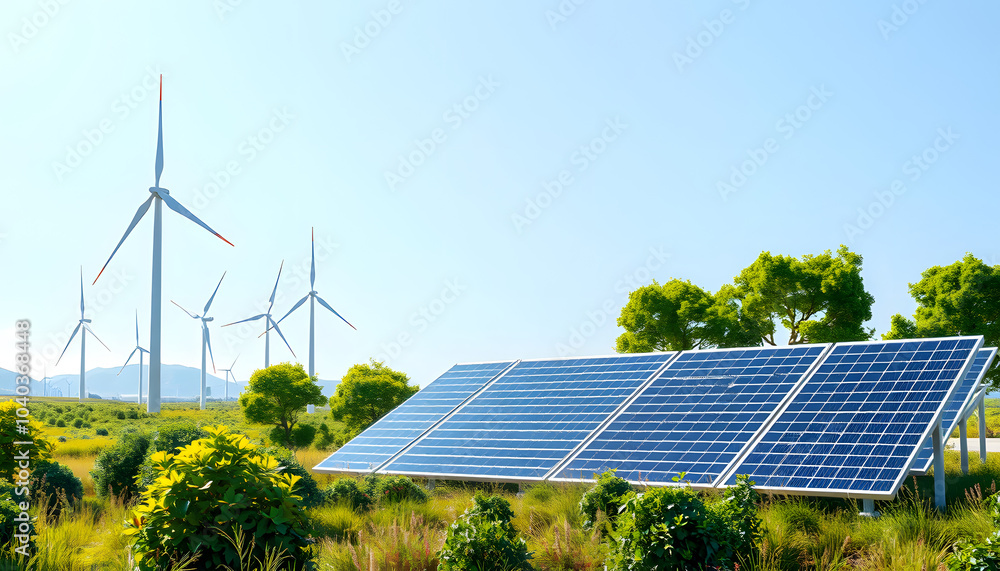 renewable energy background with green energy as wind turbines and ...