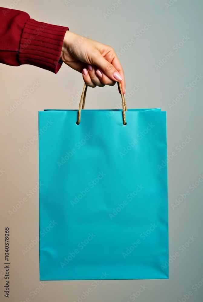Hand holding turquoise shopping bag on neutral background, great for ...