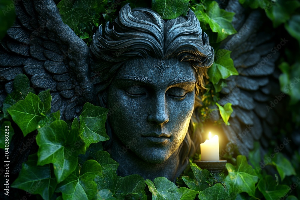 Eerie graveyard angel covered in vines, with a dark, mysterious sky and ...