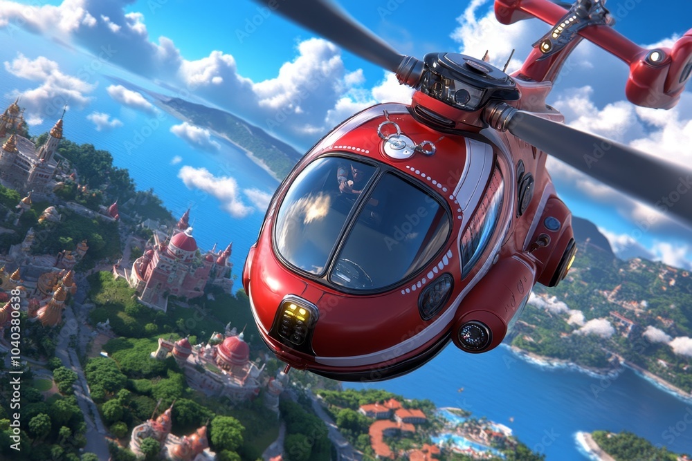 Engineer building a fantastical flying machine, with whimsical designs ...