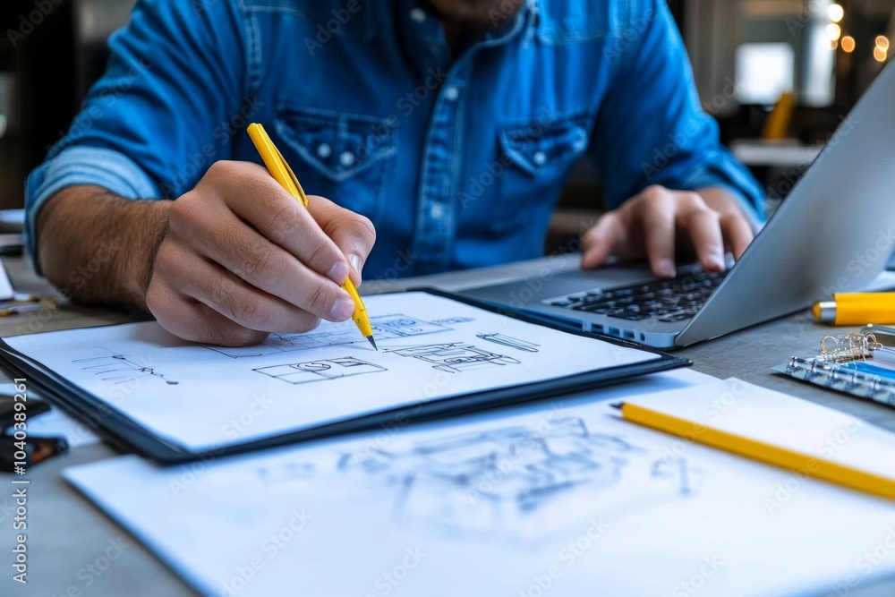 Minimalist mechanical engineer at a desk, sketching machine designs ...