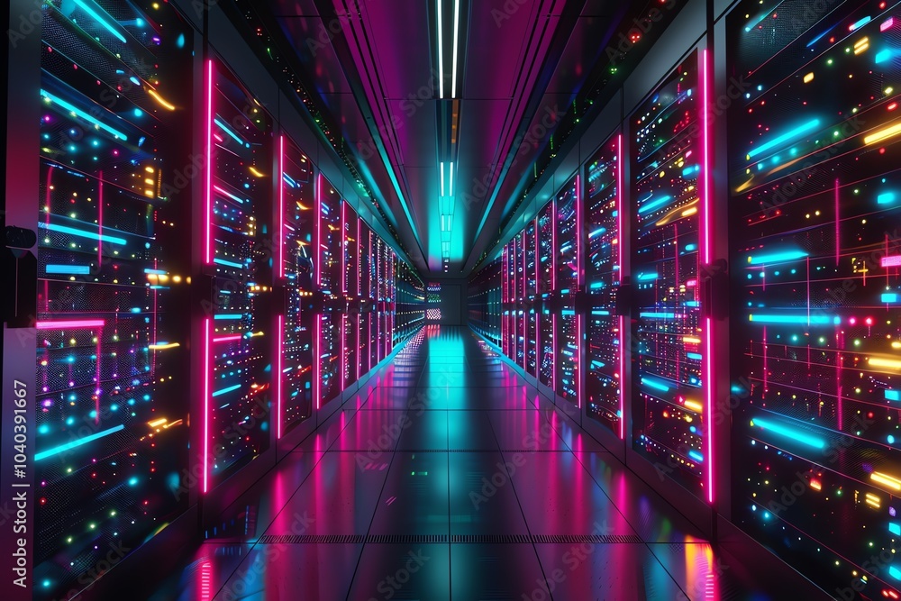 Wide-angle view, servers with multicolored blinking lights, cast an ...