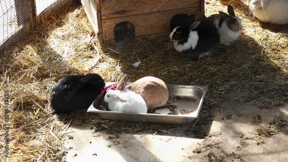 Cute fluffy rabbits in the aviary. Decorative farm rabbits are eating ...