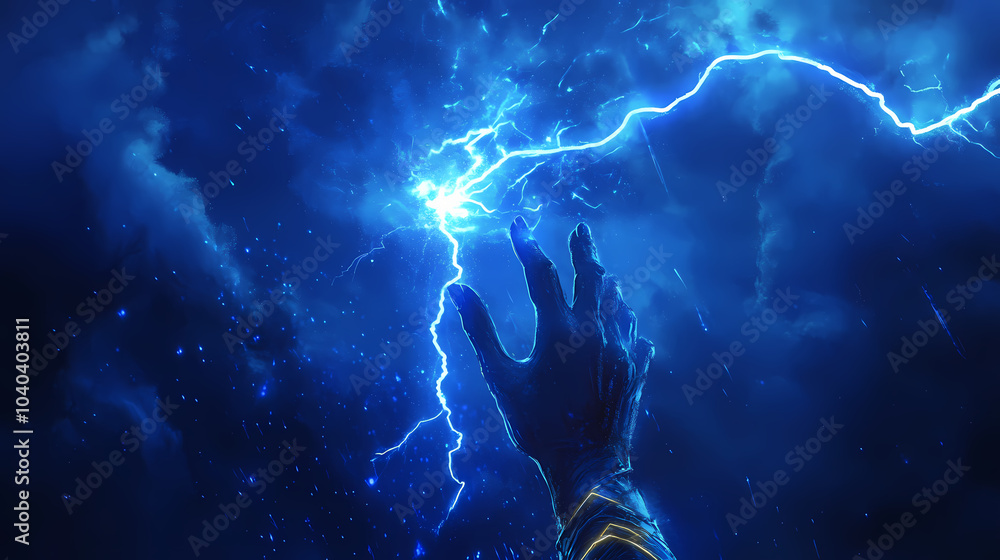 Hand holding up a lightning bolt. energy and power. stormy background ...