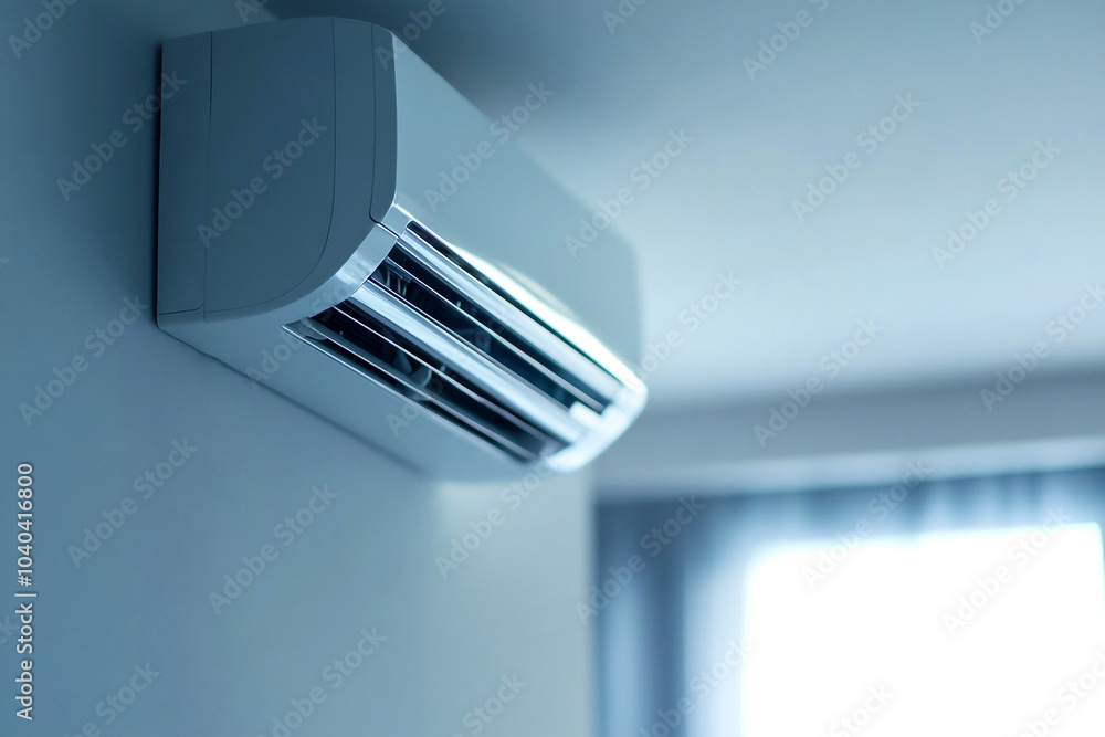 A modern air conditioner mounted in a clean, minimalist room, providing ...